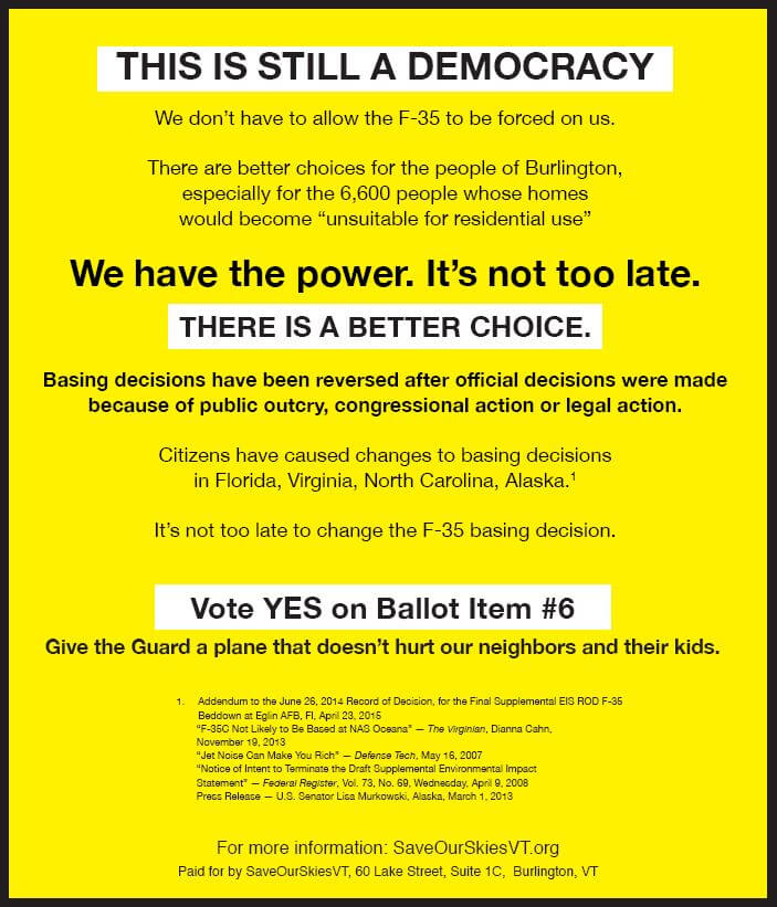 Burlington Ballot Ads - Save Our Skies/Stop the F-35