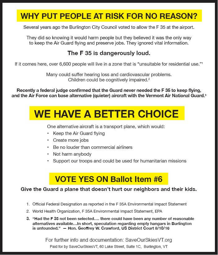 Burlington Ballot Ads - Save Our Skies/Stop the F-35